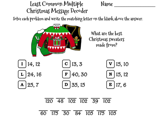Least Common Multiple Christmas Math Activity: Message Decoder ...