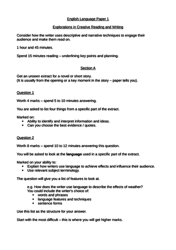 AQA GCSE English Language Mock Exam & Answer Question Outline Guide 1 ...