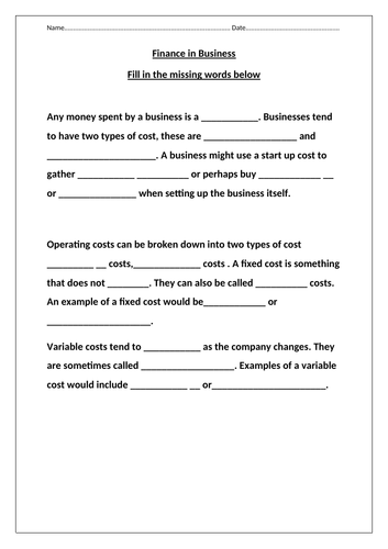 Finance For Business Unit 2 Complete Resources | Teaching Resources