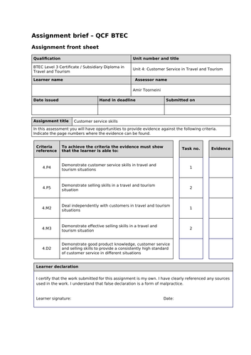 Level 3 BTEC Travel and Tourism (QCF) Unit 4 Assignment Briefs | Teaching Resources