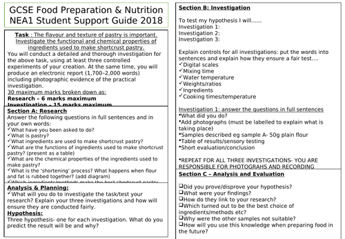 AQA Food Student support sheet NEA1 | Teaching Resources
