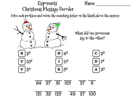 Exponents Christmas Math Activity: Message Decoder | Teaching Resources