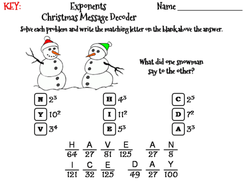 Exponents Christmas Math Activity: Message Decoder | Teaching Resources