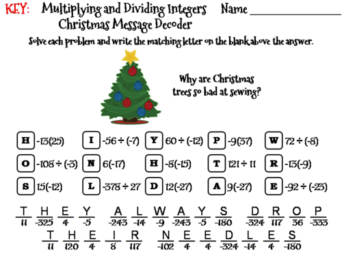 Multiplying and Dividing Integers Christmas Math Activity: Message ...