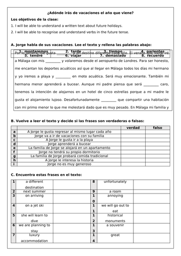 Spanish Holidays Future Tense Worksheet - las vacaciones GCSE ...