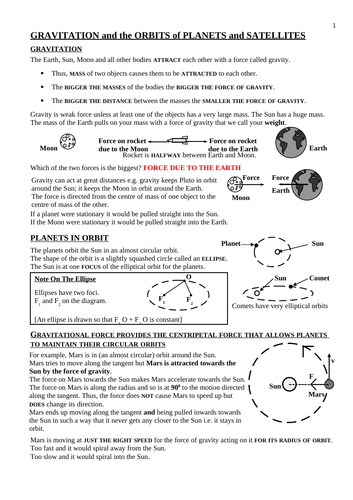 Gravity and the Orbits of Planets and Satellites Student Notes and ...