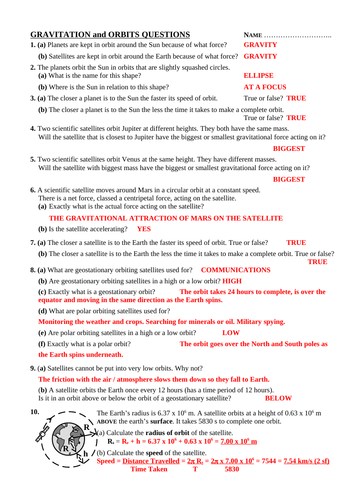 Gravity and the Orbits of Planets and Satellites Student Notes and ...