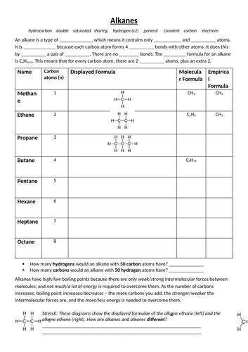 Alkanes (hydrocarbons) Worksheet (with Answers) | Teaching Resources