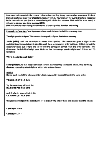 Aqa A Level Psych Memory Capacity Duration And Coding Teaching