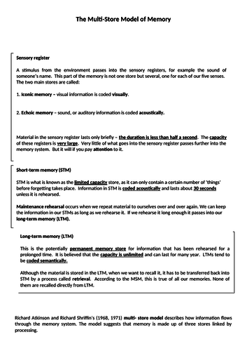 AQA A Level Psych - Memory (Multi-Store Model) | Teaching Resources