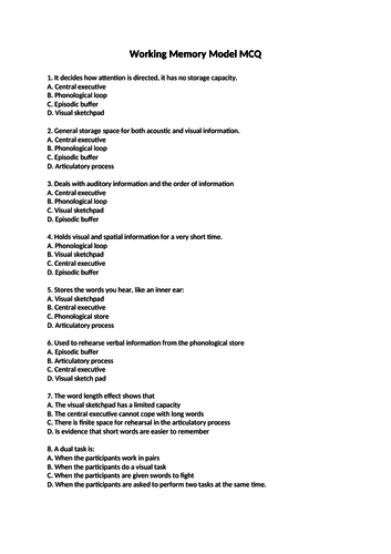 AQA A Level Psych - Memory (Working Memory Model) | Teaching Resources AQA A Level Psych - Memory (Working Memory Model) | Teaching Resources