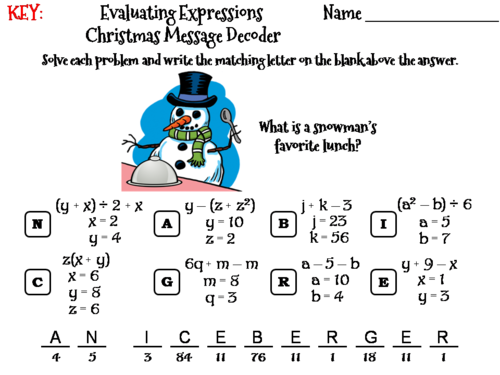 Evaluating Algebraic Expressions Christmas Math Activity: Message ...