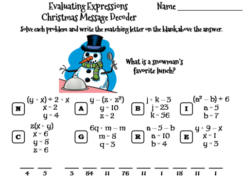 Evaluating Algebraic Expressions Christmas Math Activity: Message ...