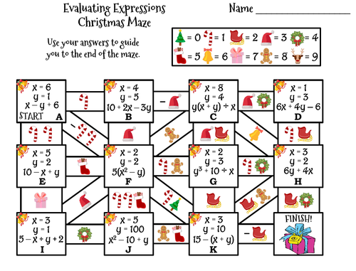 Evaluating Algebraic Expressions Activity: Christmas Math Maze ...