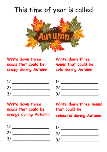 Autumn - adjectives and common nouns worksheet | Teaching Resources