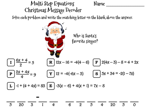 Solving Multi Step Equations Christmas Math Activity: Message Decoder ...