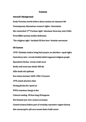 The Handmaids tale by Margaret Atwood Context | Teaching Resources