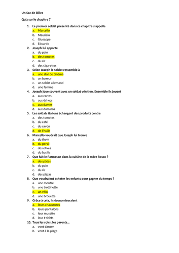 Un Sac de Billes, quiz on chapter 7 (with answers) | Teaching Resources