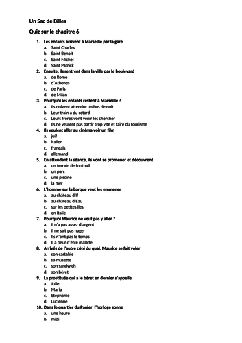 Un Sac de Bille, quiz on chapter 6 | Teaching Resources