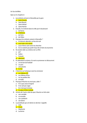 Un Sac de Bille, quiz on chapter 6 | Teaching Resources