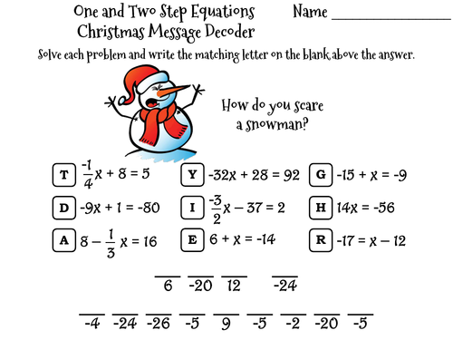 Solving One and Two Step Equations Christmas Math Activity: Message ...