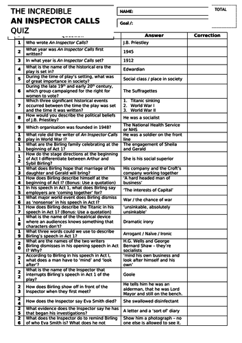 An Inspector Calls 75 Question Quiz | Teaching Resources