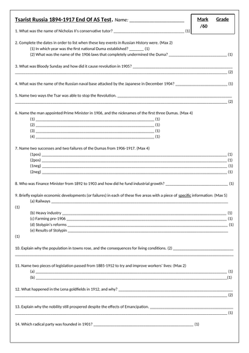 AQA A-Level Tsarist & Communist Russia Lesson 63 (End of Year 12 Test ...
