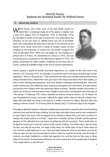 IGCSE Poetry: "Anthem for Doomed Youth" by Wilfred Owen | Teaching ...