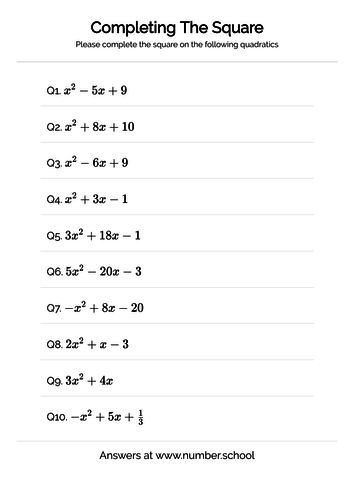 GCSE Mathematics grade 7 - 9 completing the square | Teaching Resources