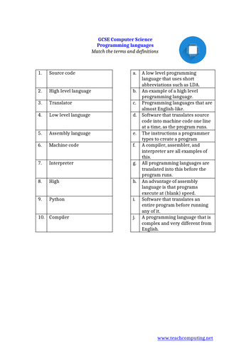 GCSE Computer Science: Keyword definition matching quizzes (All topics ...