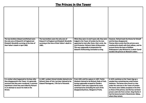 Princes in the Tower Comic Strip and Storyboard | Teaching Resources