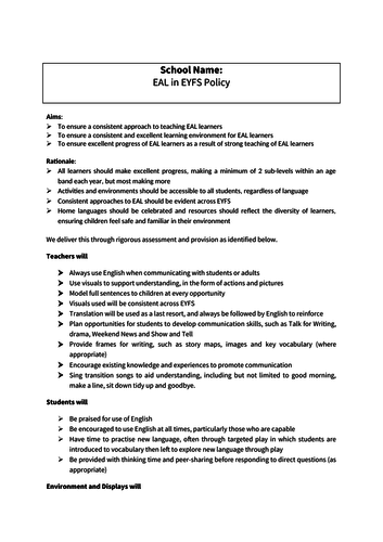 EAL in EYFS Policy | Teaching Resources