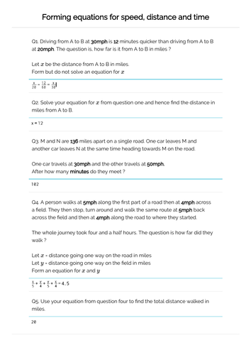 Speed, distance, time, equations: GCSE grades 8-9 tough worksheet ...