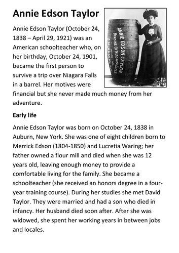 Annie Edson Taylor Handout | Teaching Resources
