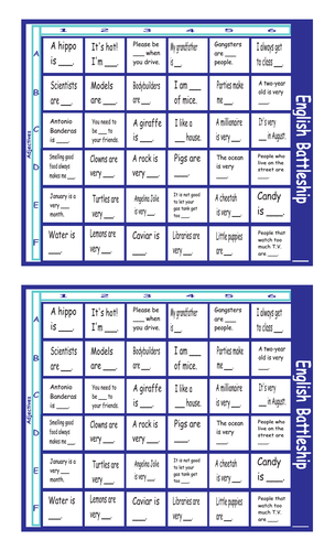 Adjectives Legal Size Text Battleship Game | Teaching Resources