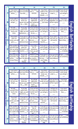 Conditional Sentences Types 0 & 1 Legal Size Text Battleship Game ...