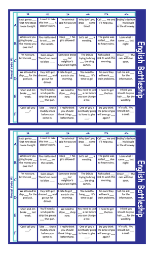 Phrasal Verbs #1 Legal Size Text Battleship Game | Teaching Resources