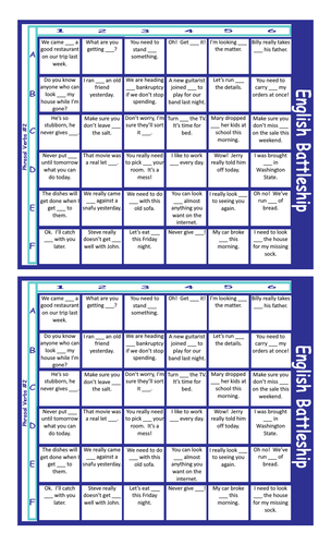Phrasal Verbs #2 Legal Size Text Battleship Game | Teaching Resources