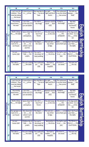 Place Prepositions Legal Size Text Battleship Game | Teaching Resources