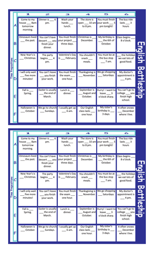 Time Prepositions Legal Size Text Battleship Game | Teaching Resources