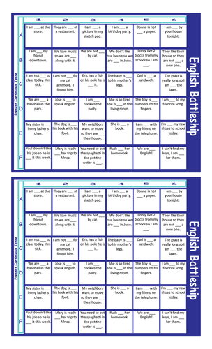 Present Continuous Tense Legal Size Text Battleship Game | Teaching ...