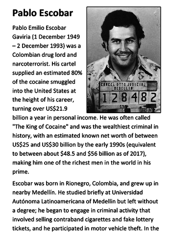 Pablo Escobar Handout | Teaching Resources