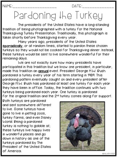 Leveled Text V: Pardoning of the Turkey | Teaching Resources