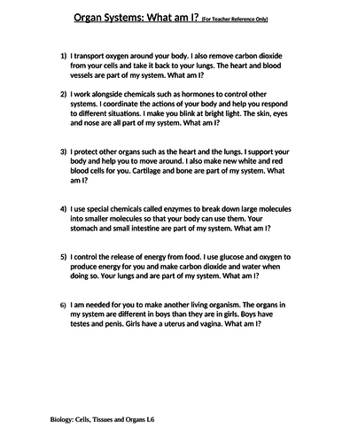 KS3 Unit 7A Biology- Organs WORKSHEETS ONLY | Teaching Resources