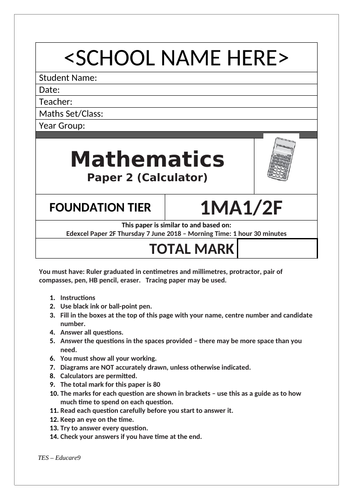 Sample GCSE Maths Paper - Foundation - June 7th 2018 | Teaching Resources