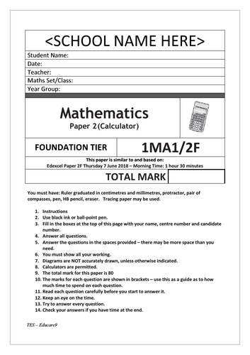 Sample GCSE Maths Paper - Foundation - June 7th 2018 | Teaching Resources
