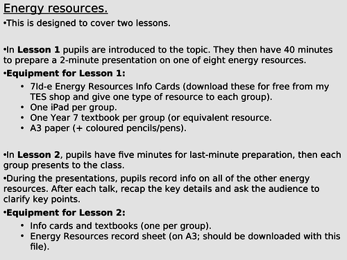 Renewable & Non-Renewable Energy Resources Year 7 Double Lesson ...