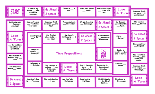 Time Prepositions Legal Size Text Board Game | Teaching Resources