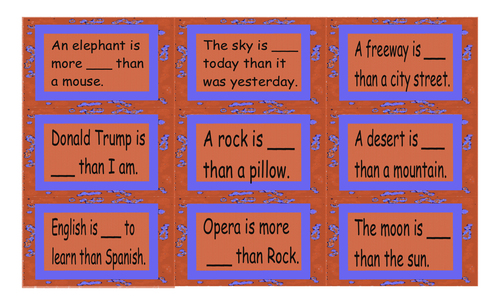 Comparative Adjectives Legal Size Text Card Game | Teaching Resources