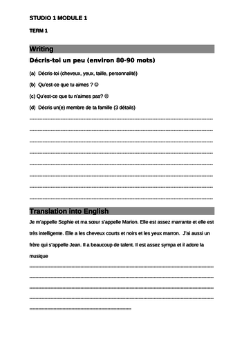 Studio 1 Module 1 French assessments/ revision for tests. | Teaching ...